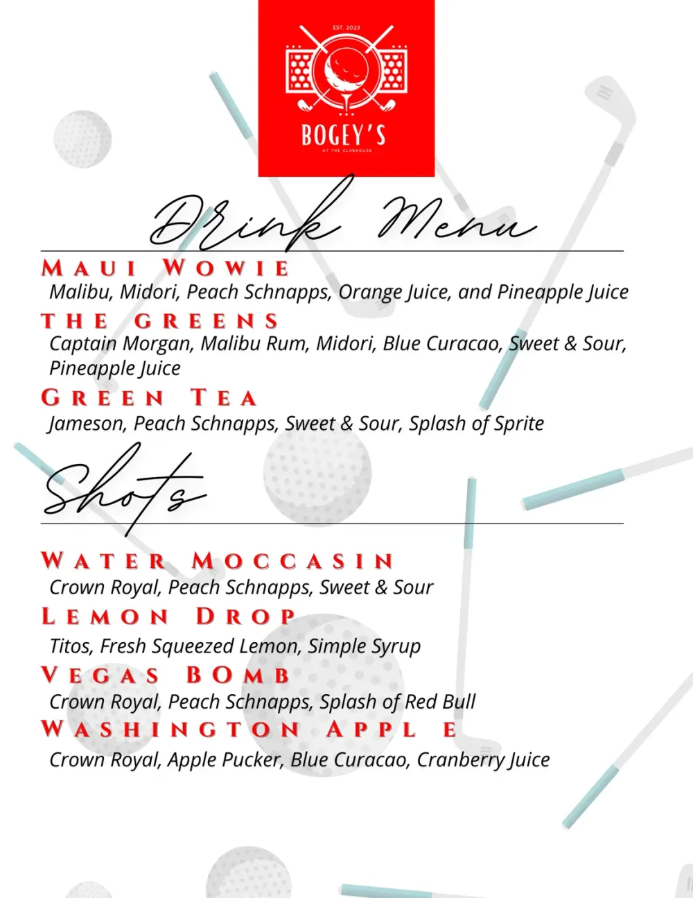 Bogey's at Malvern Country Club - Menu