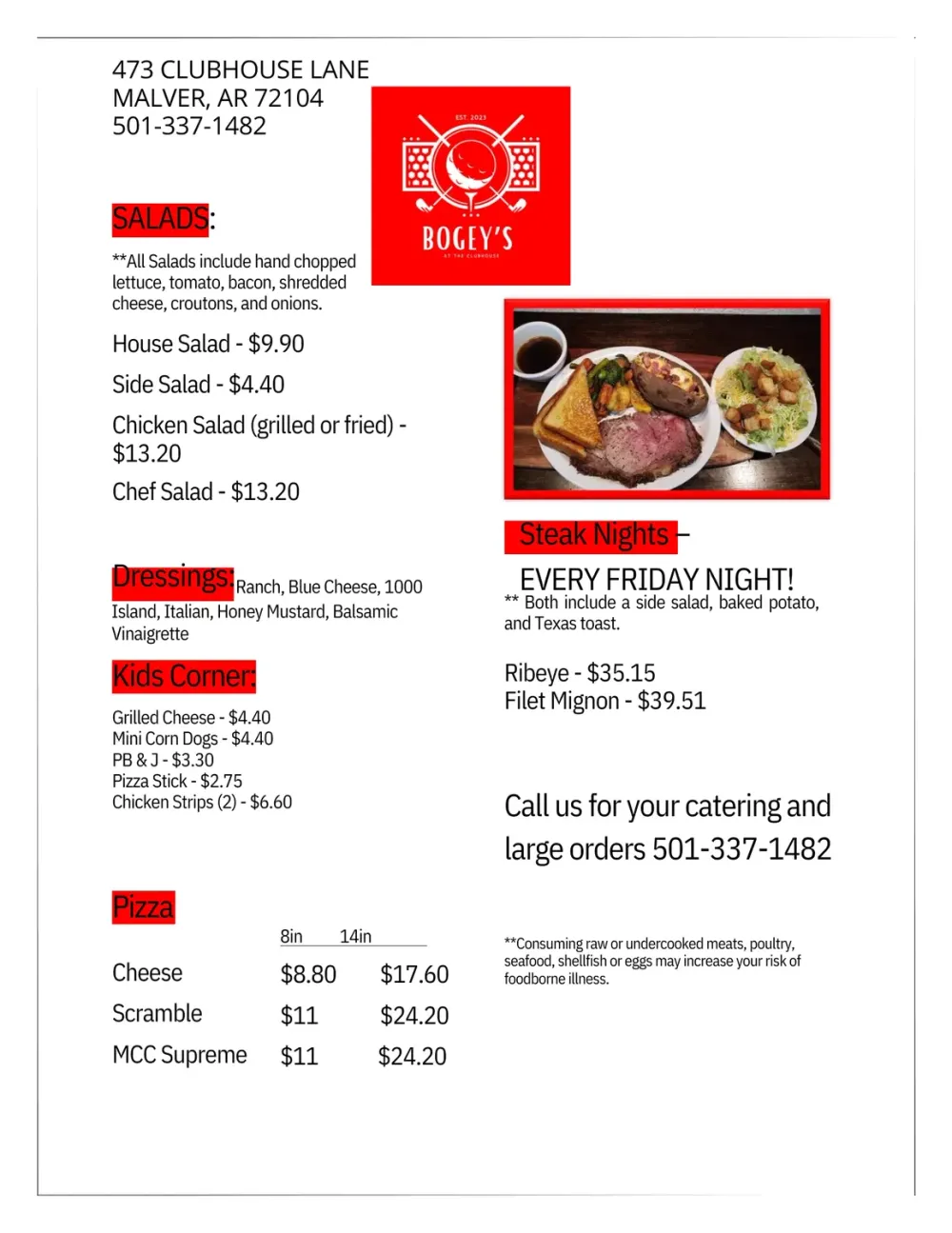 Bogey's at Malvern Country Club - Menu