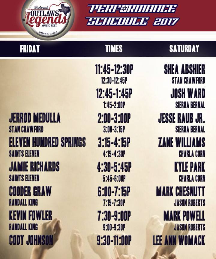 Outlaws and Legends Music Festival - Schedule