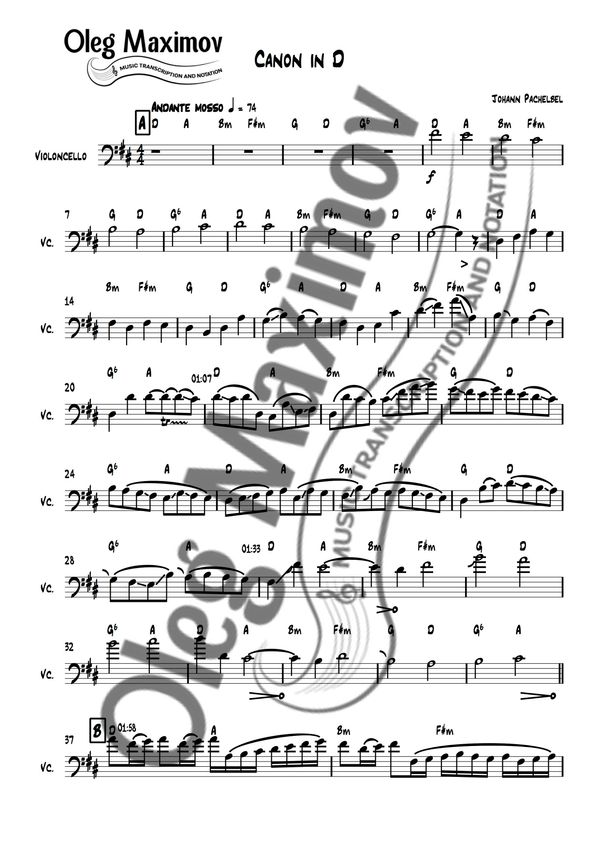 Brooklyn Duo - Canon in D - Cello Sheet Music - Oleg Maximov Guitarist
