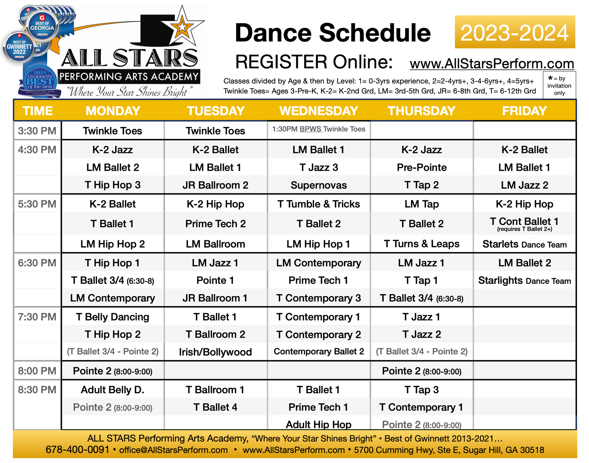 ALL STARS Performing Arts Academy - 2023-2024 Dance Schedule ALL STARS Performing Arts Academy - 2023-2024 Dance Schedule