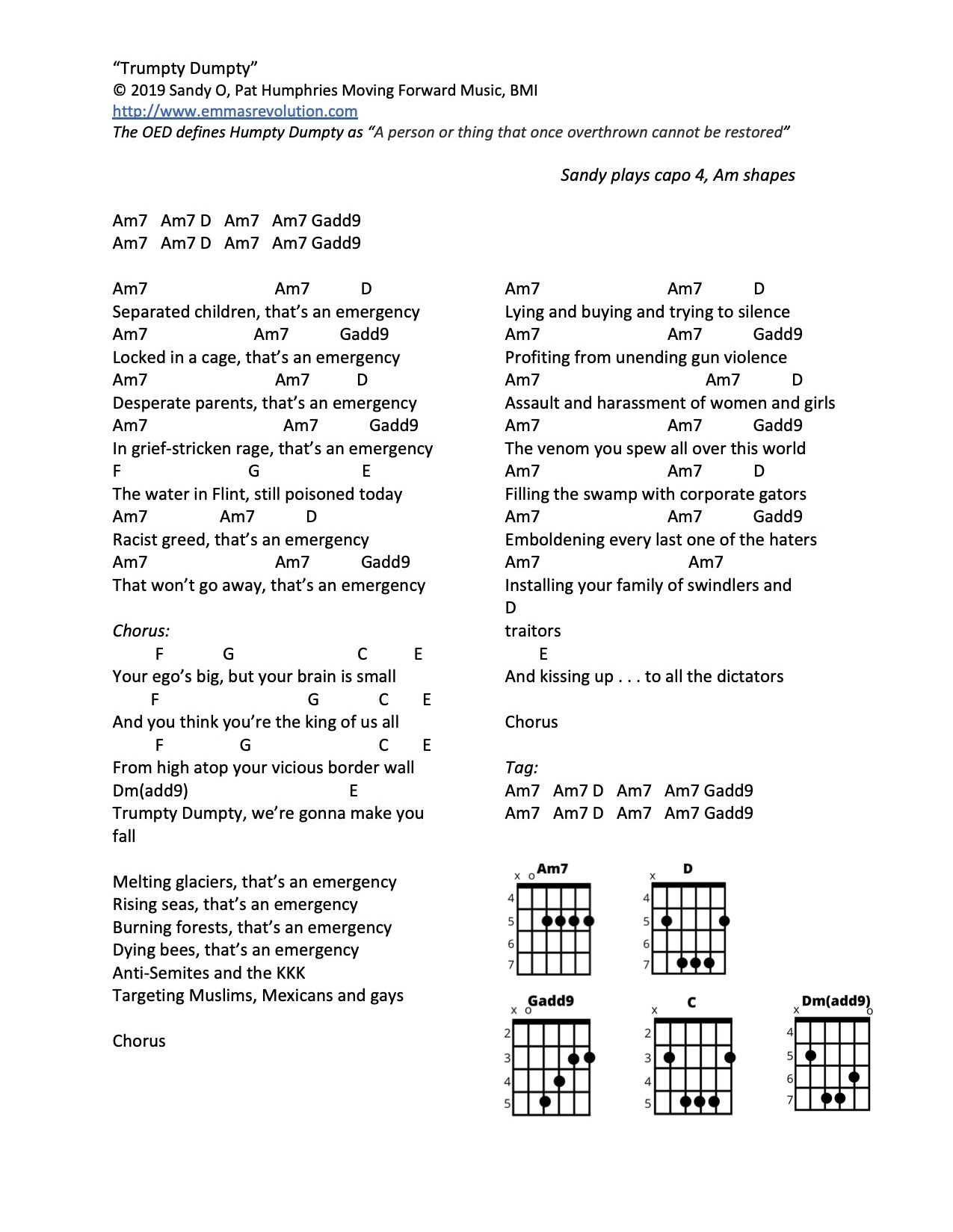 "Trumpty Dumpty" - Lyrics & Chords as Sandy Plays Them - Emma's Revolution