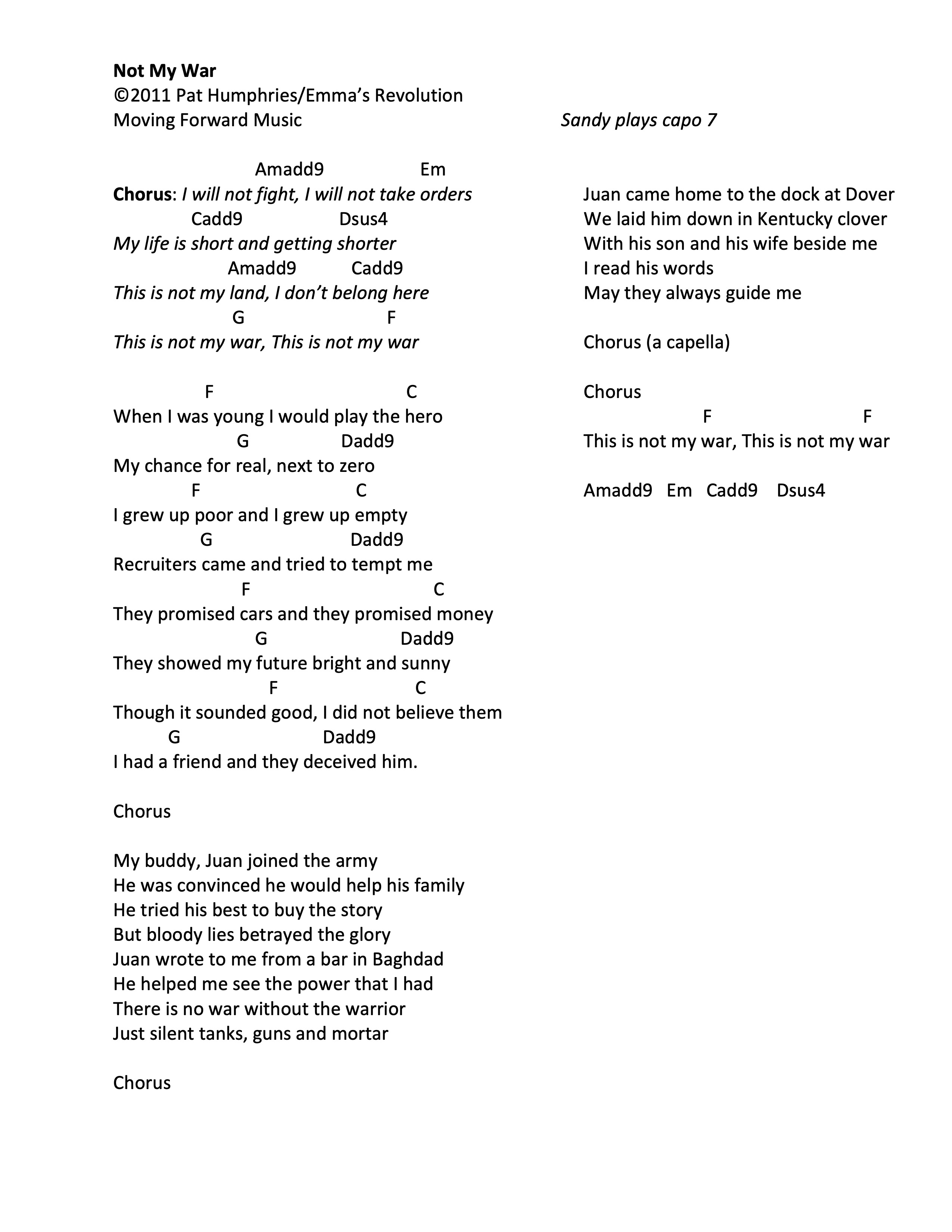 Not My War - Lyrics with Chords as Sandy Plays Them - Emma's Revolution