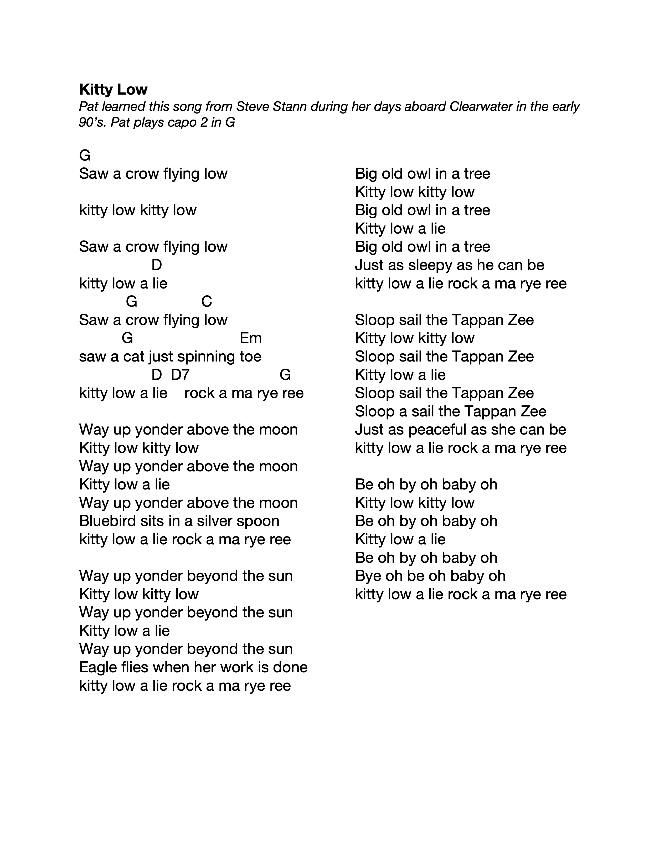 Kitty Low - Lyrics with Chords as Pat Plays Them - Emma's Revolution