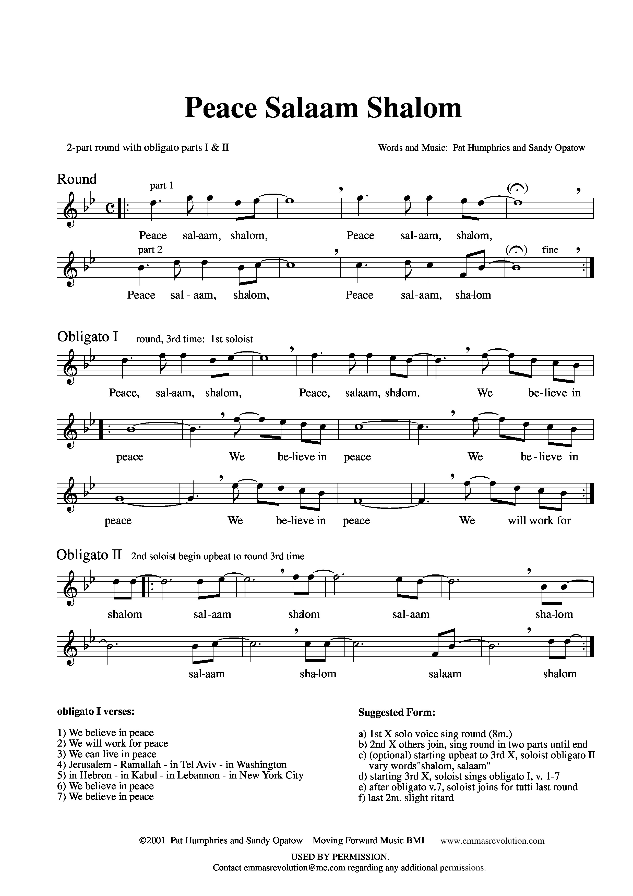"Peace Salaam Shalom" Sheet Music - Emma's Revolution