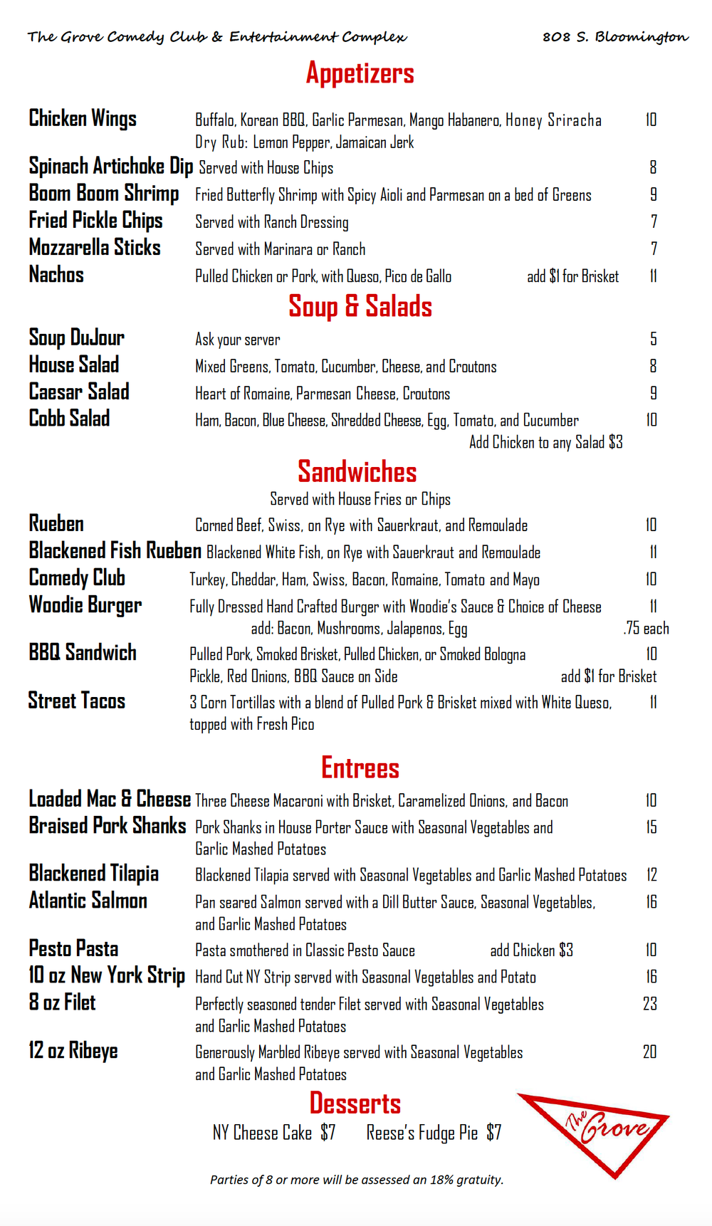 The Grove Comedy Club - Our Menu
