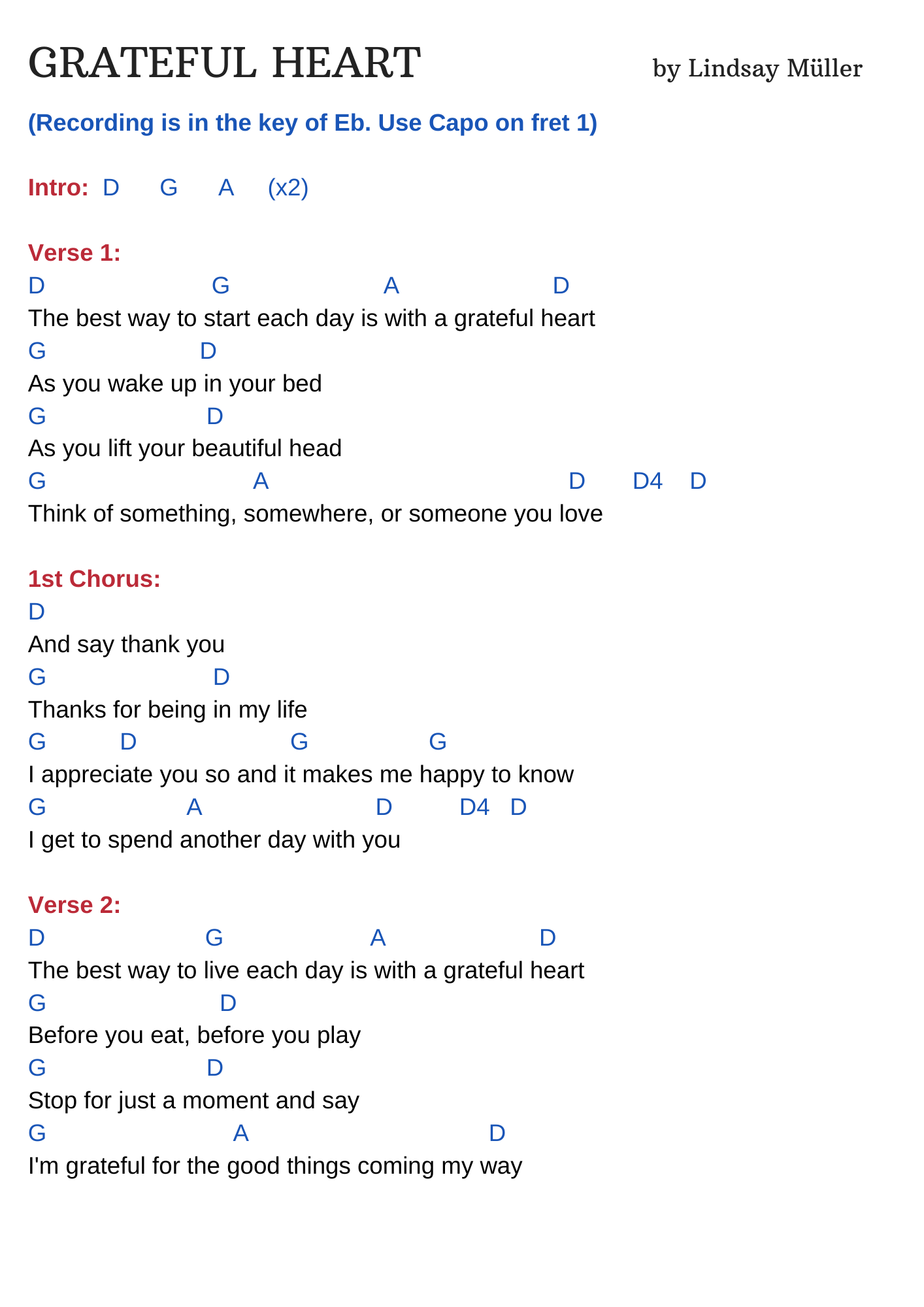 Grateful Heart by Lindsay Muller: Lyrics and Chords