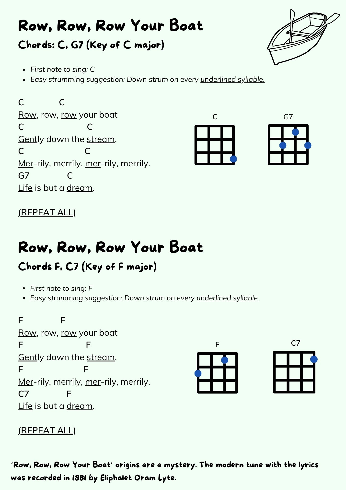 How to play "Row, Row, Row Your Boat" on Ukulele || FREE PDF chord ...