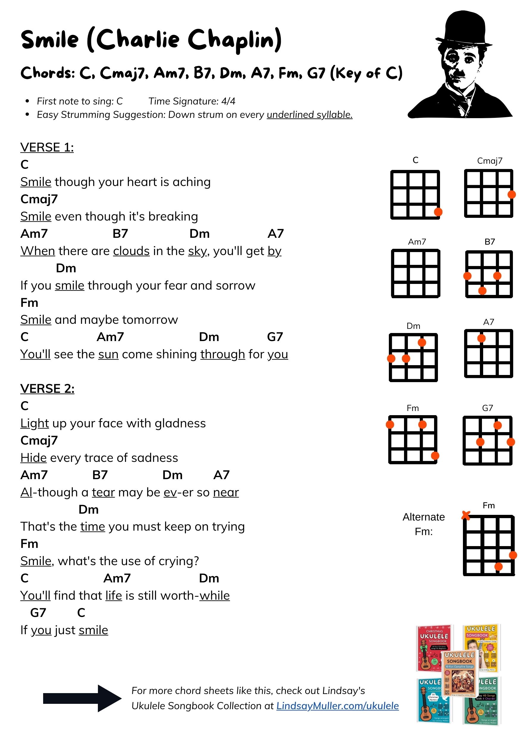 Smile (Charlie Chaplin) Ukulele Easy-To-Follow Chord Sheet