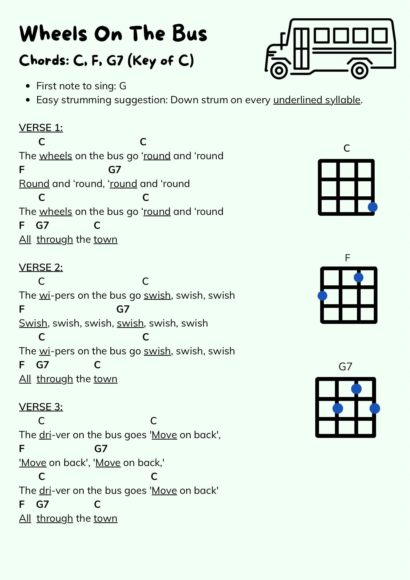 How to play "The Wheels On The Bus” on Ukulele || FREE PDF chord sheet ...