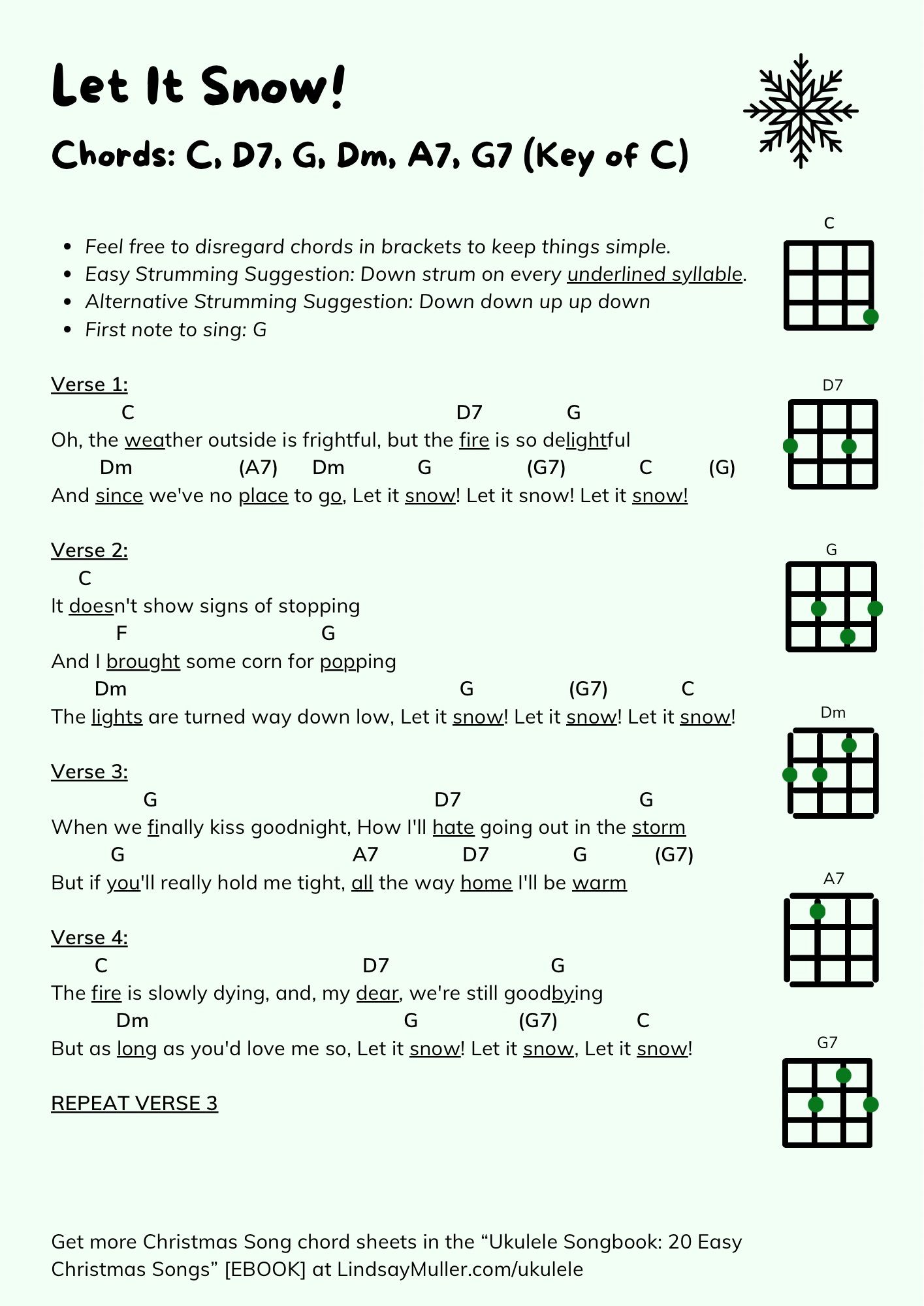How to play "Let It Snow” on Ukulele || FREE PDF chord sheet and ...