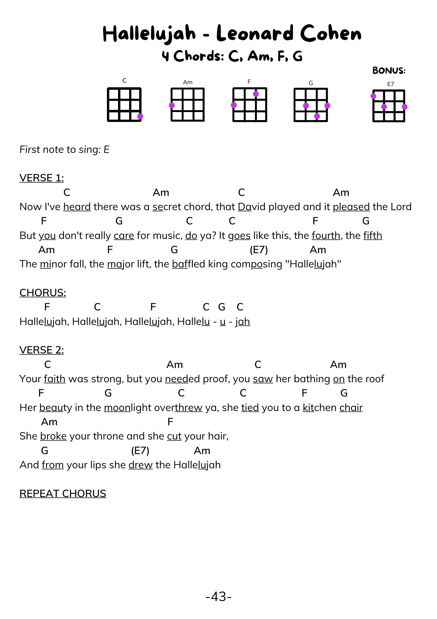 How to play "Hallelujah" by Leonard Cohen on Ukulele: Free Chord Sheet ...