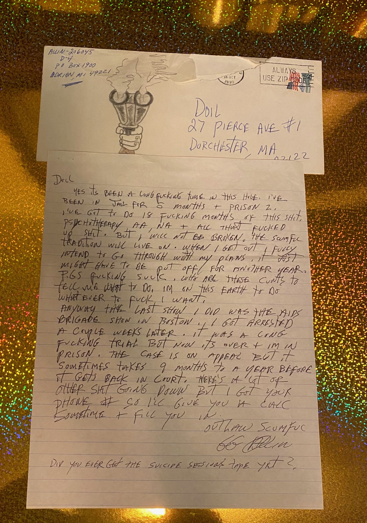Handwritten GG Letter with Hand drawn Envelope - GG Allin & The Jabbers