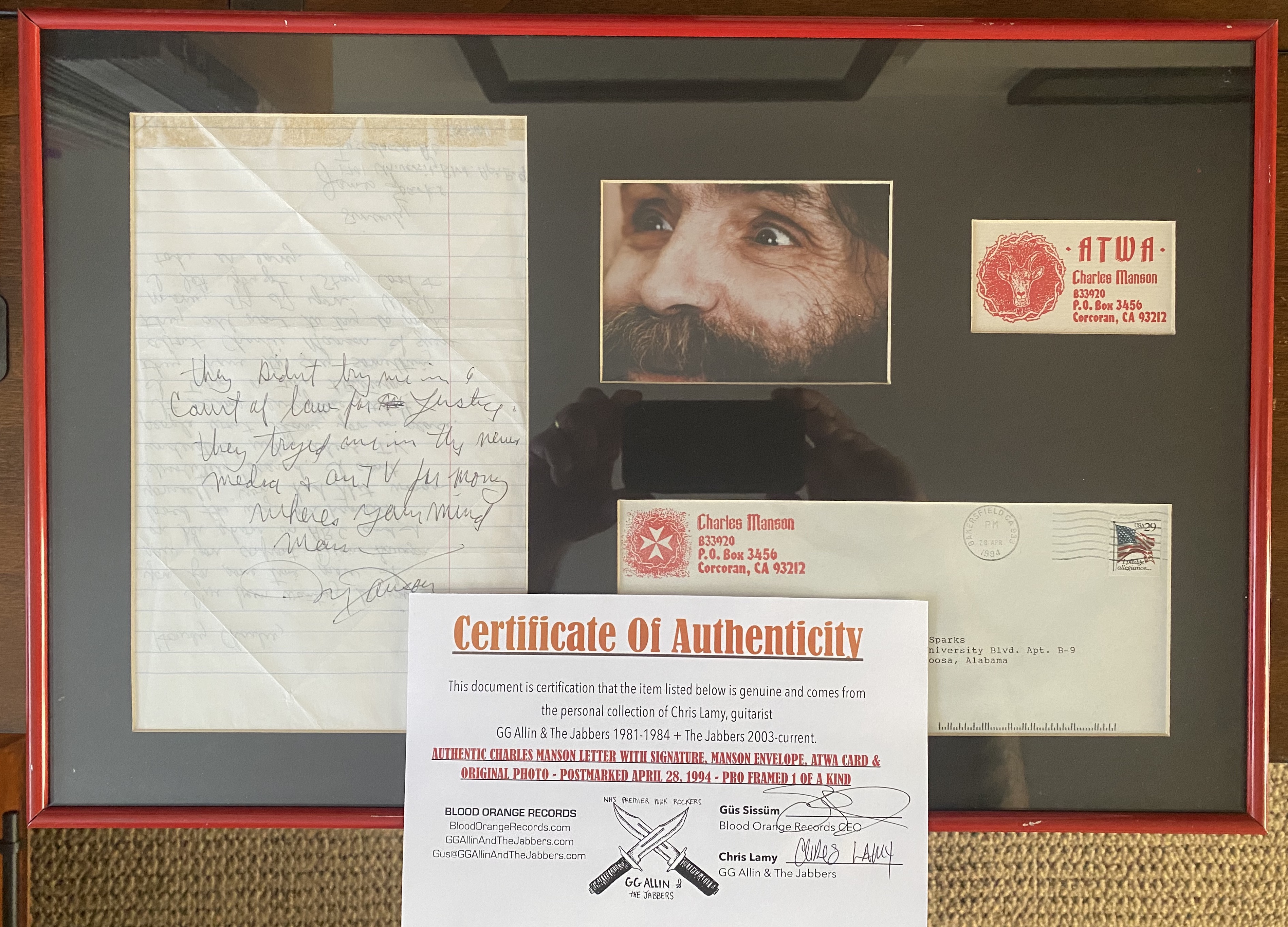 Authentic Charles Manson signed handwritten letter, photo, ATWA ...