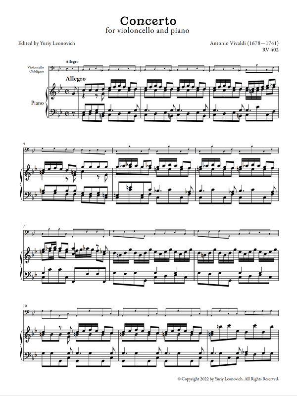 Vivaldi - Cello Concerto in C minor, RV 402 (Urtext Edition, Piano) - Yuriy Leonovich