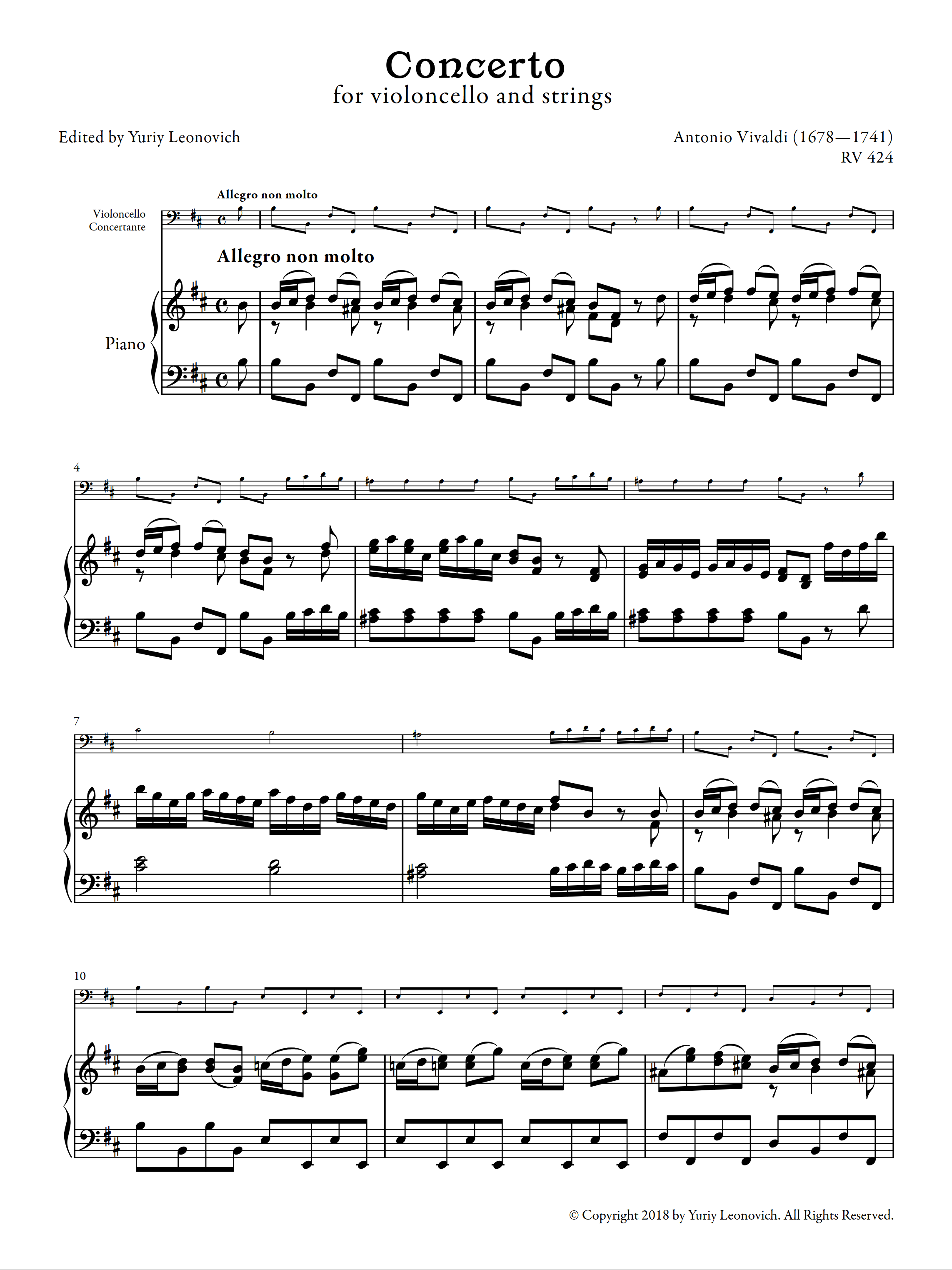 Vivaldi - Cello Concerto in B minor, RV 424 (Urtext Edition, Piano ...