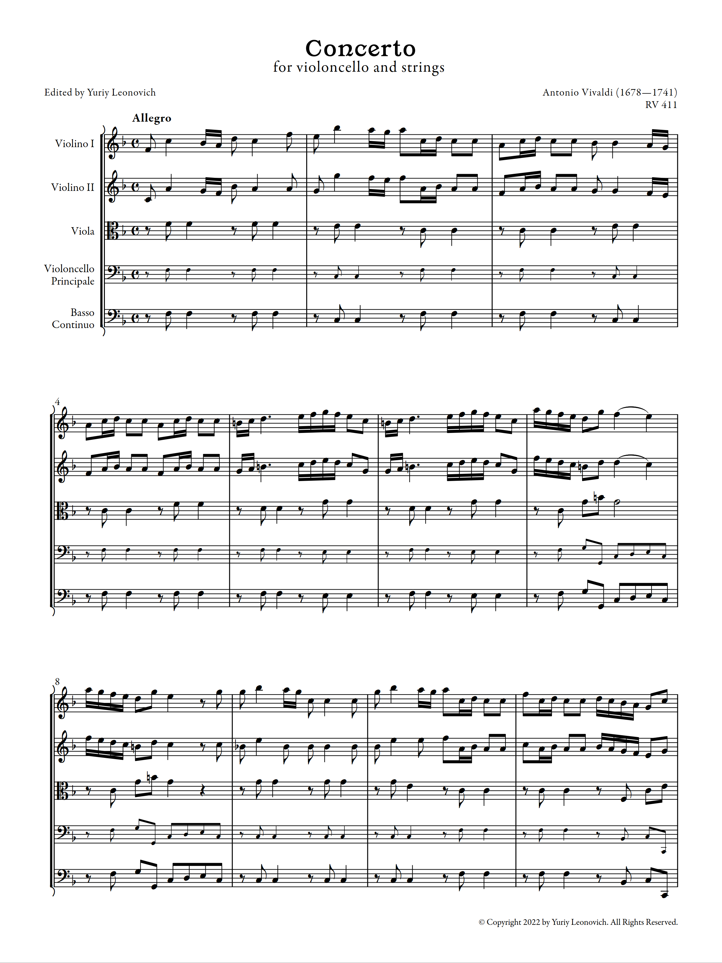 Vivaldi - Cello Concerto in F major, RV 411 (Urtext Edition) - Yuriy ...