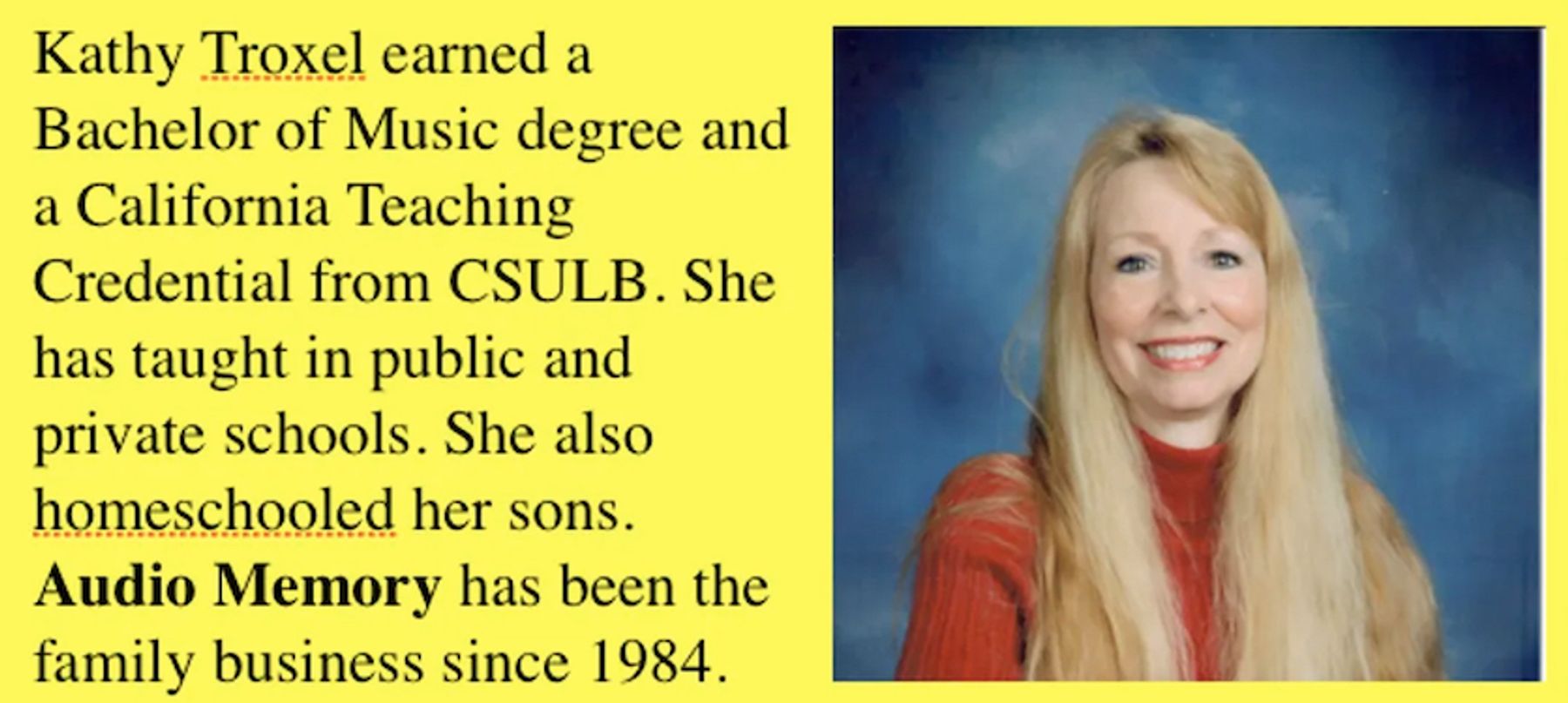 Audio Memory-Kathy Troxel (800)365-SING Educational Music/Books