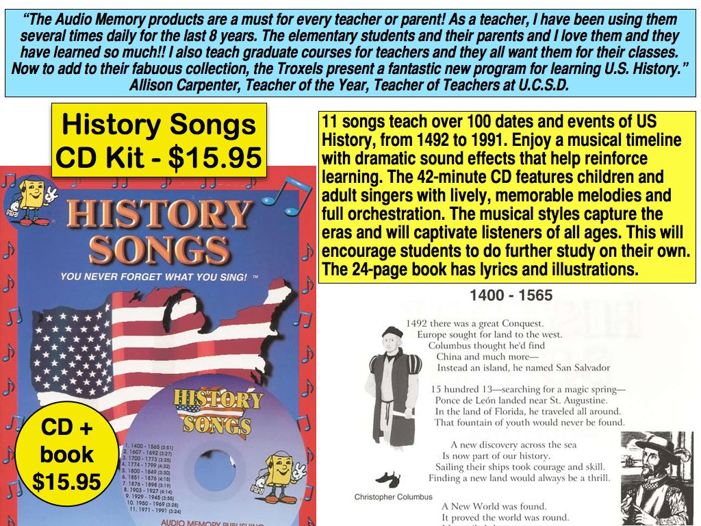 Audio Memory-Kathy Troxel (800)365-SING Educational Music/Books - HISTORY