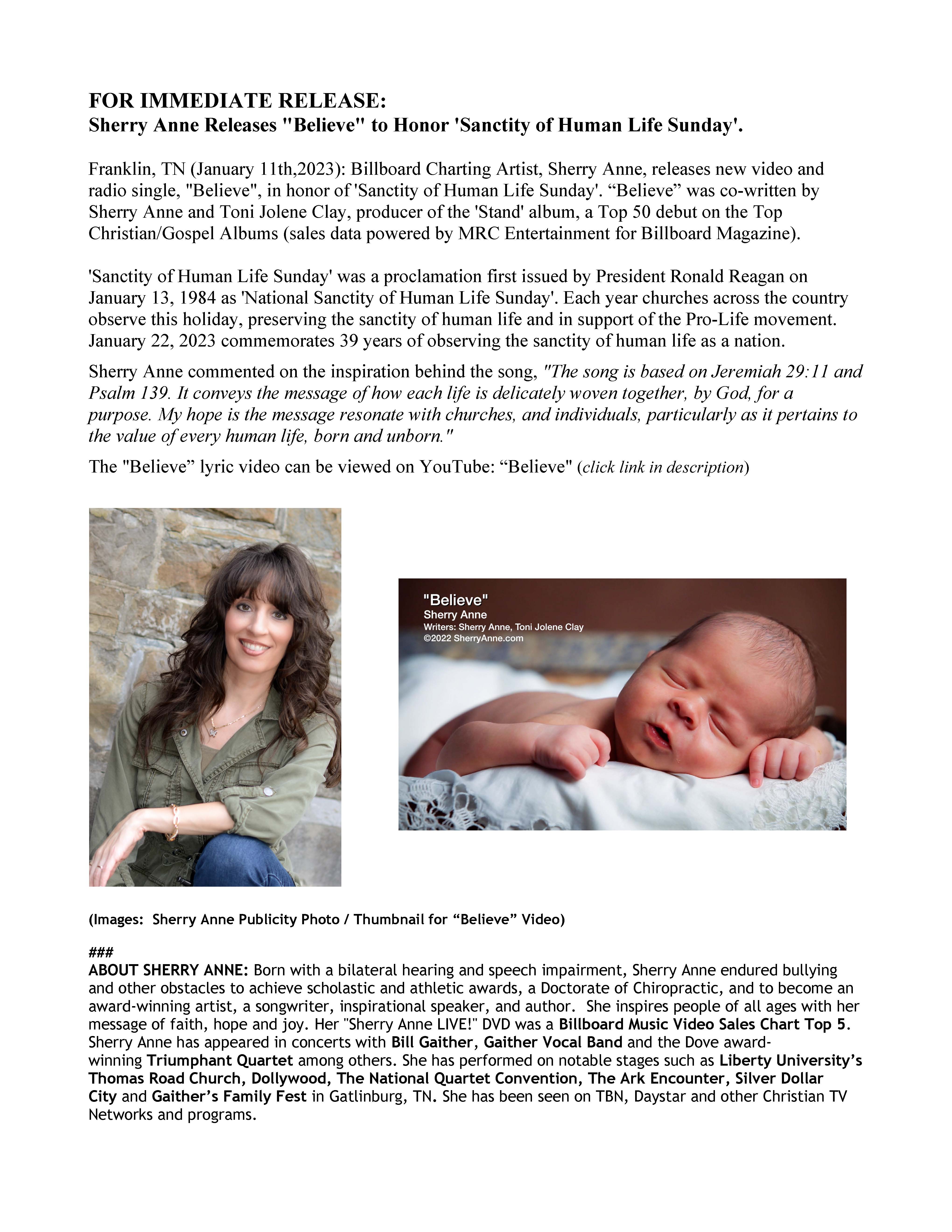 Sherry Anne Releases "Believe" to Honor 'Sanctity of Human Life Sunday'