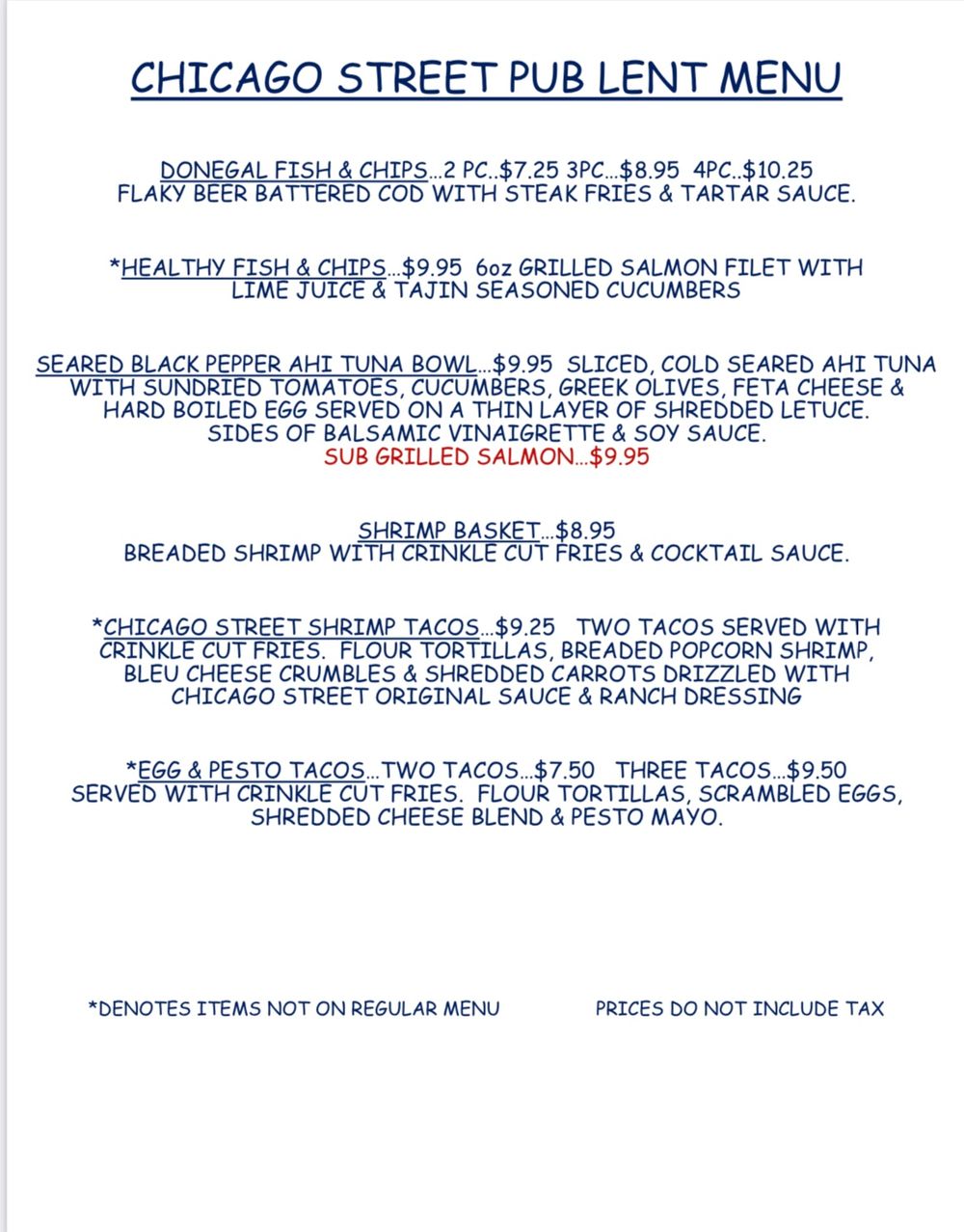 Chicago Street Pub - Lent Menu 2023