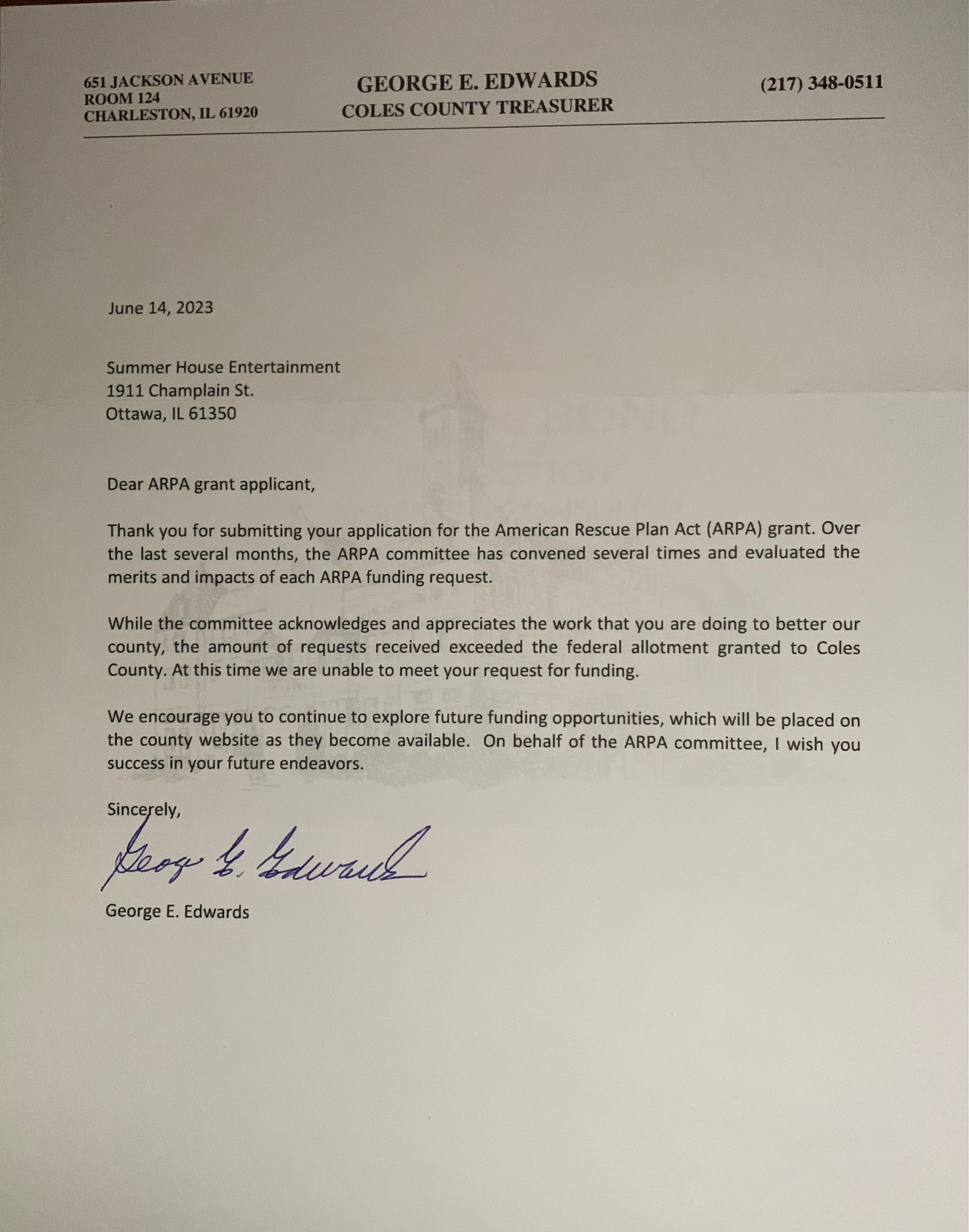 Grant Application Rejection Letter