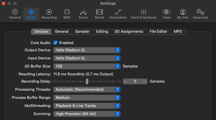 Helix Stadium USB Latency Test Results