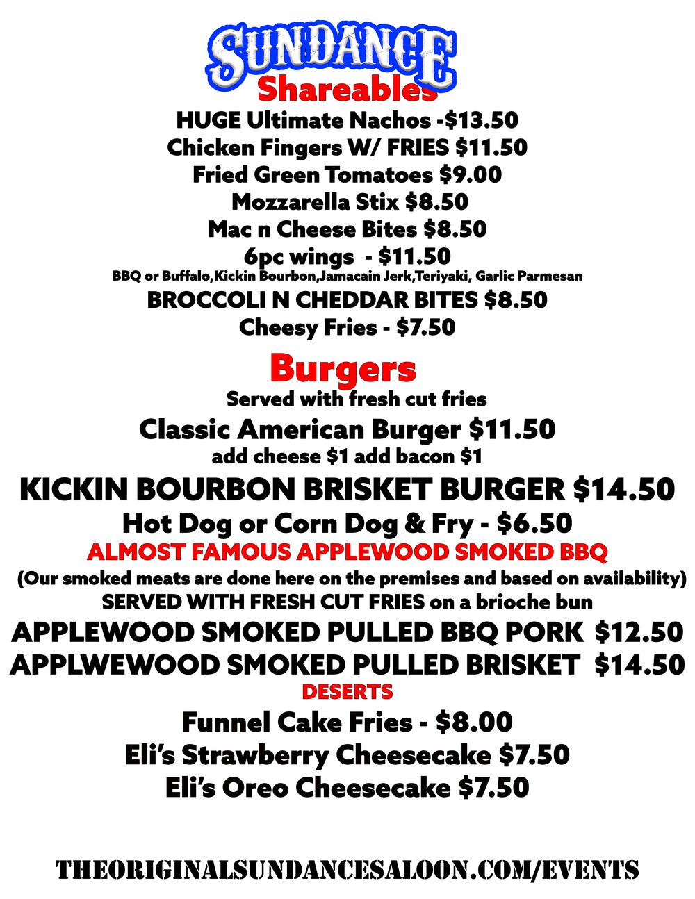 Sundance Saloon - Food Menu