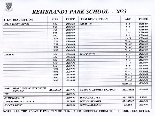 RPS - UNIFORM PRICE LIST