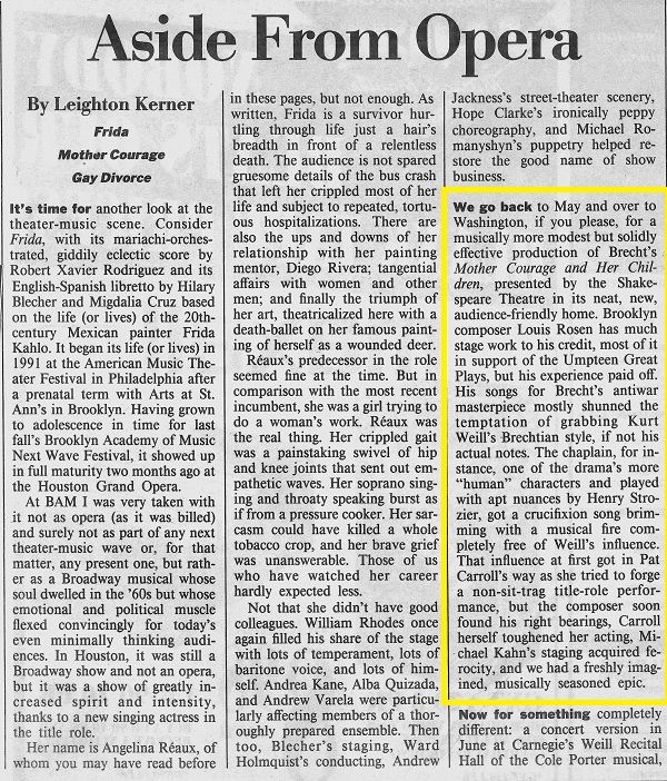 Louis Rosen - MUSIC FOR BRECHT - Press