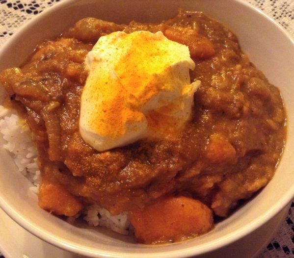 "Indian" Sweet Potato and Kielbasa Curry